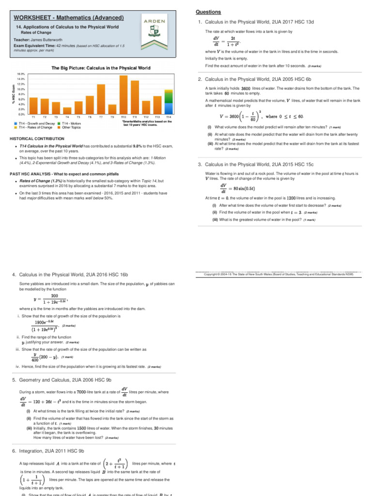 Physical World Rates of Change Worksheet HSC Questions w Solutions ...