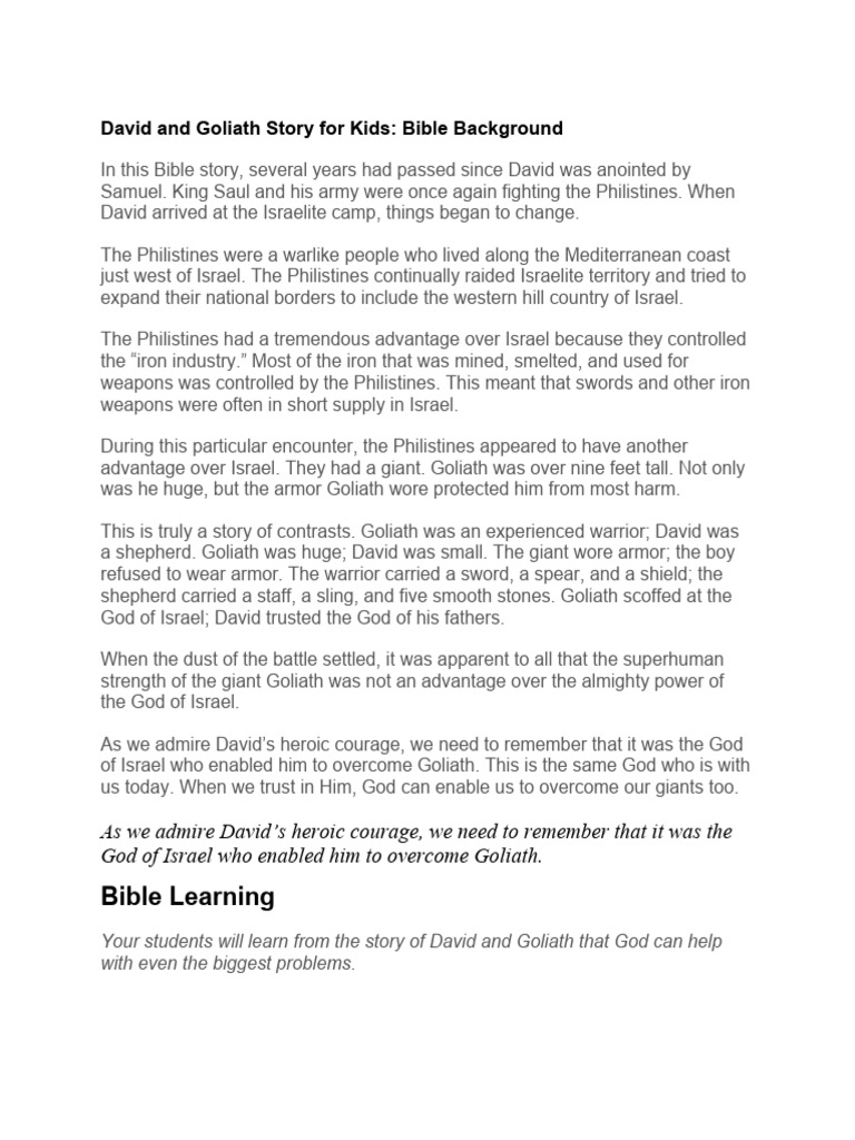 David and Goliath Story For Kids | PDF | Goliath | David