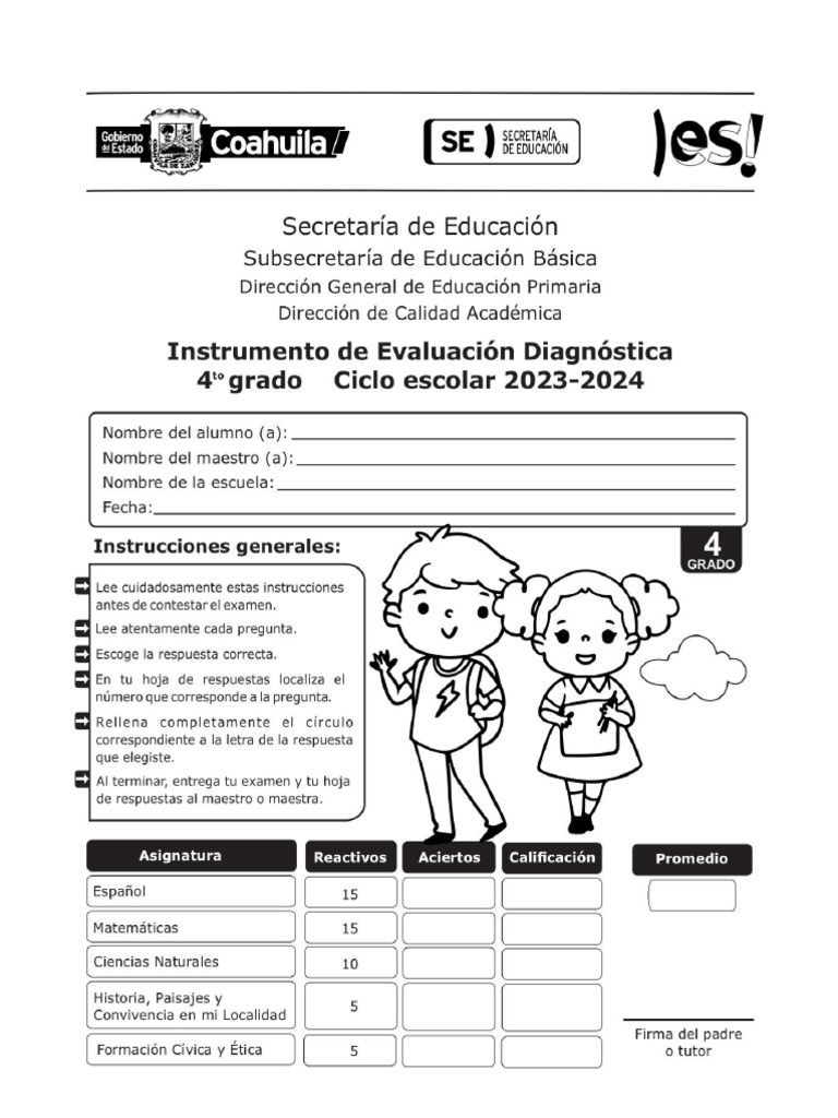 4° INST. EVAL. DIAGNÓSTICA CICLO ESCOLAR 2023-2024 Corregido | PDF