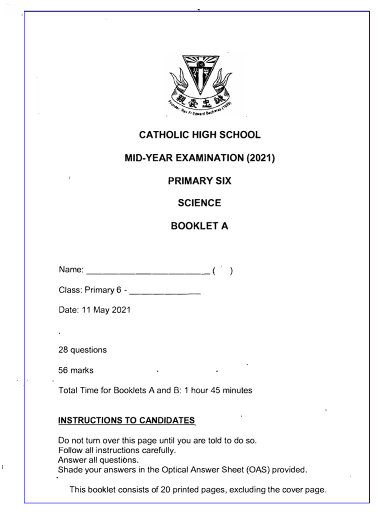 P6 Science SA1 2021 CatholicHigh Exam Papers | PDF