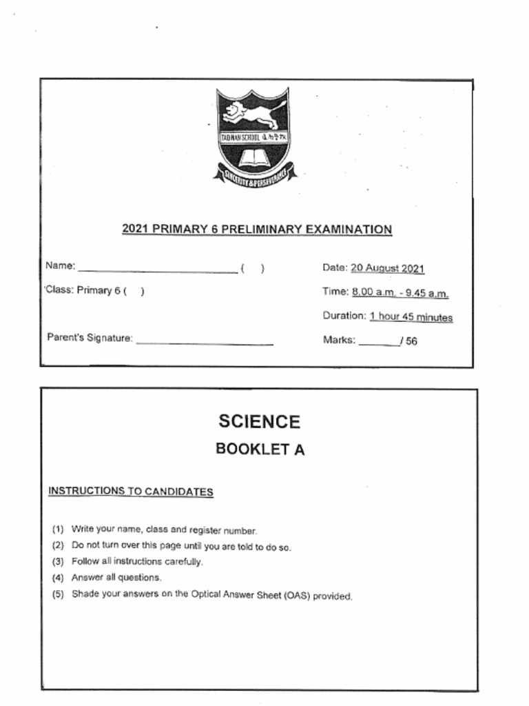 P6 Science Prelim 2021 TaoNan Exam Papers | PDF