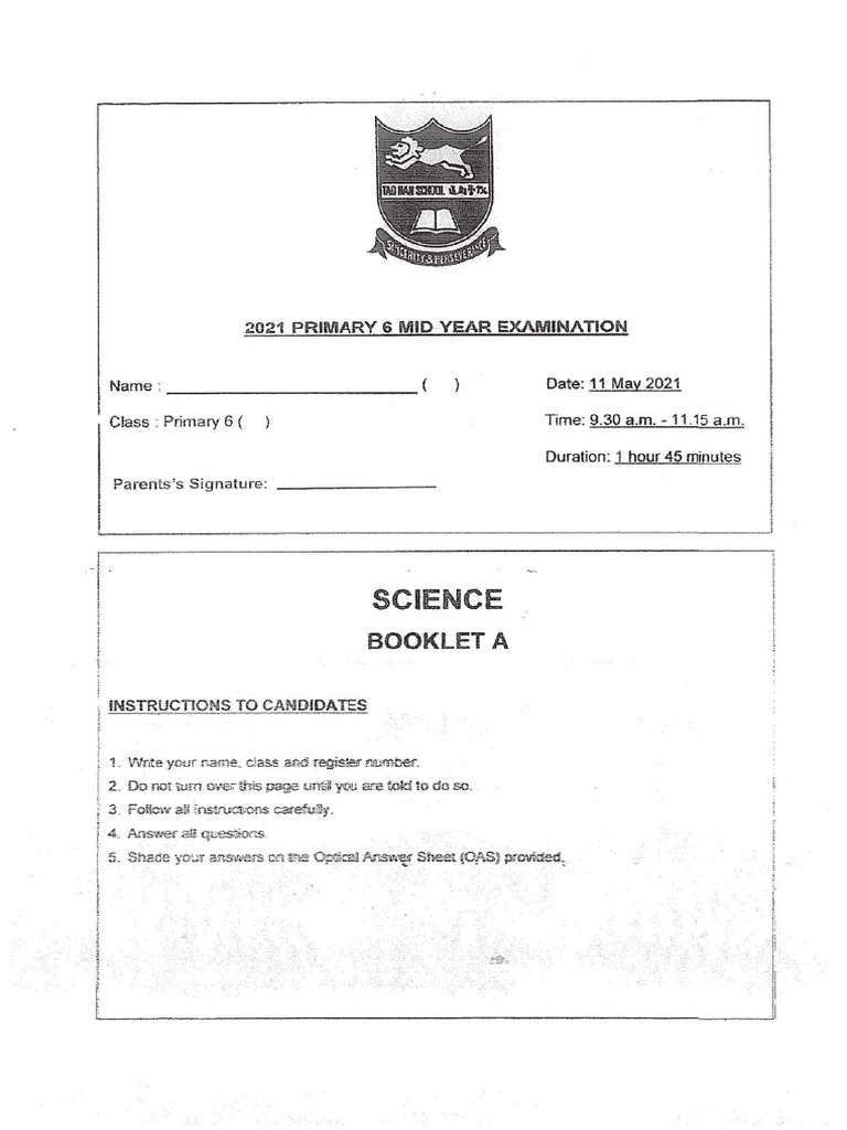 P6 Science SA1 2021 TaoNan Exam Papers | PDF