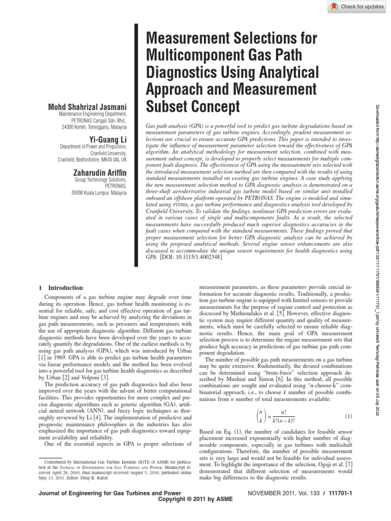 Measurement Selections For Multicomponent Gas Path Diagnostics Using Analytical Approach and ...