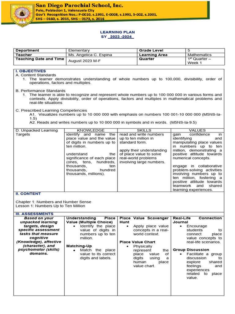 DLP Math 5 First Grading (Lesson 1) | PDF | Learning | Psychology