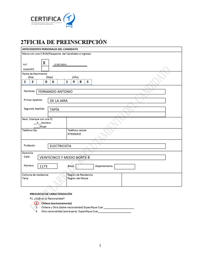 FICHA PREINSCRIPCIÓN FOTOVOLTAICO PM FERNANDO DE LA JARA | PDF | Educación más alta | Salario