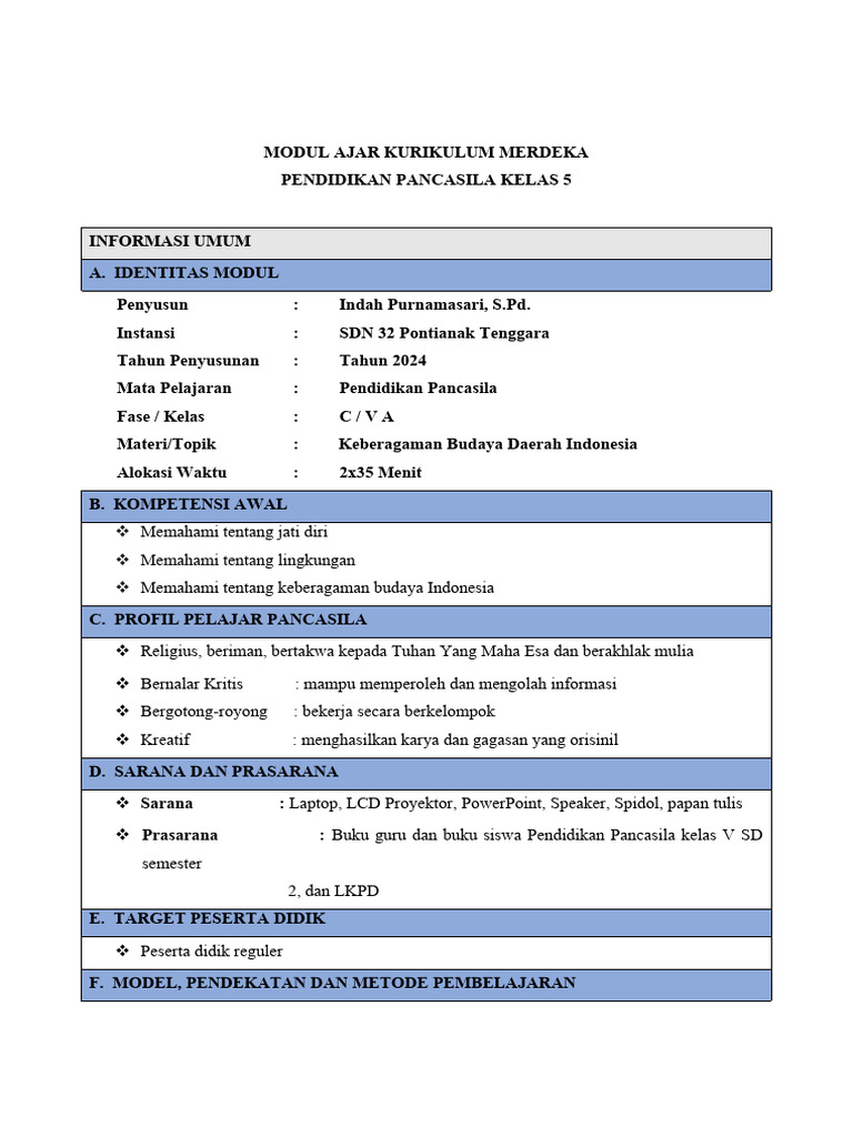 Modul Ajar Kurikulum Merdeka Siklus 2 Indah | PDF