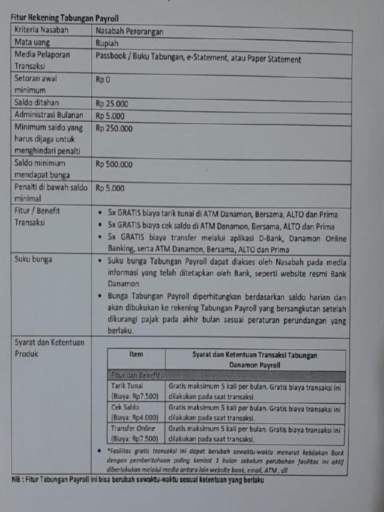 Fitur Tabungan Danamon Payroll | PDF