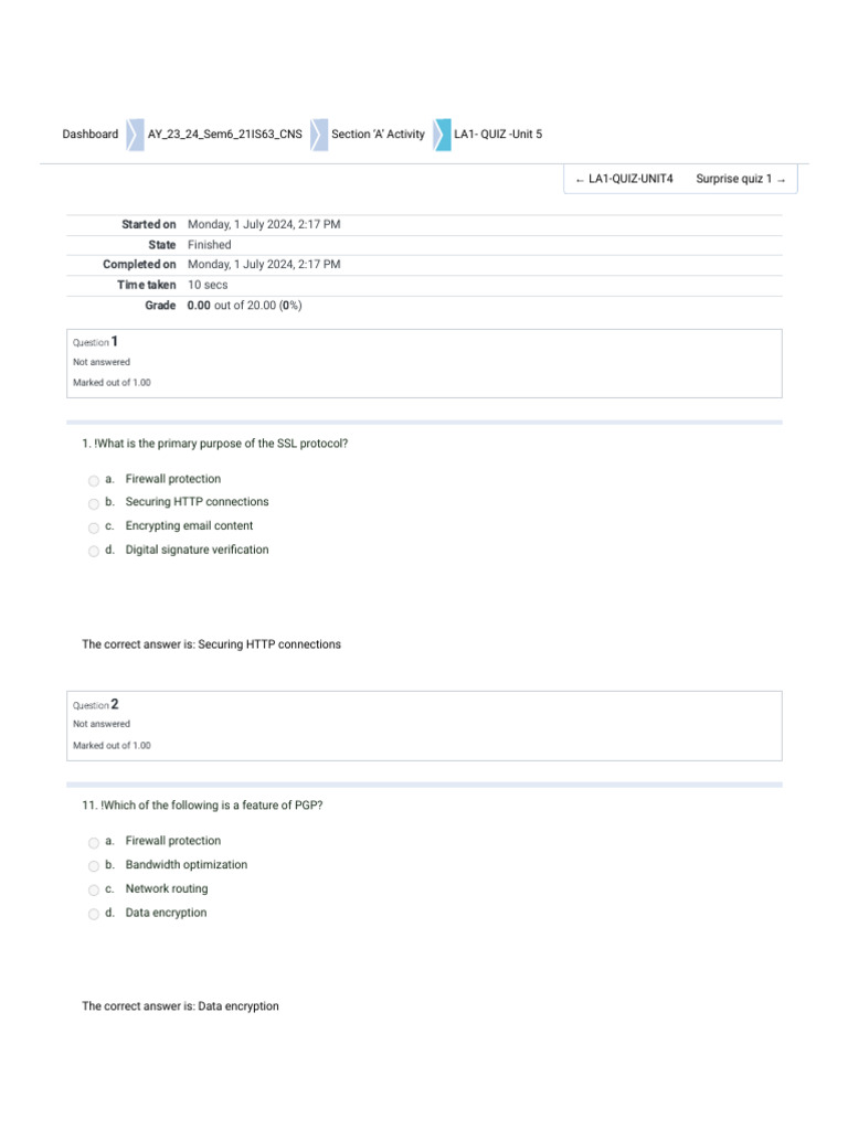 LA1 - QUIZ - Unit 5 - Attempt Review | PDF | Transport Layer Security | Encryption