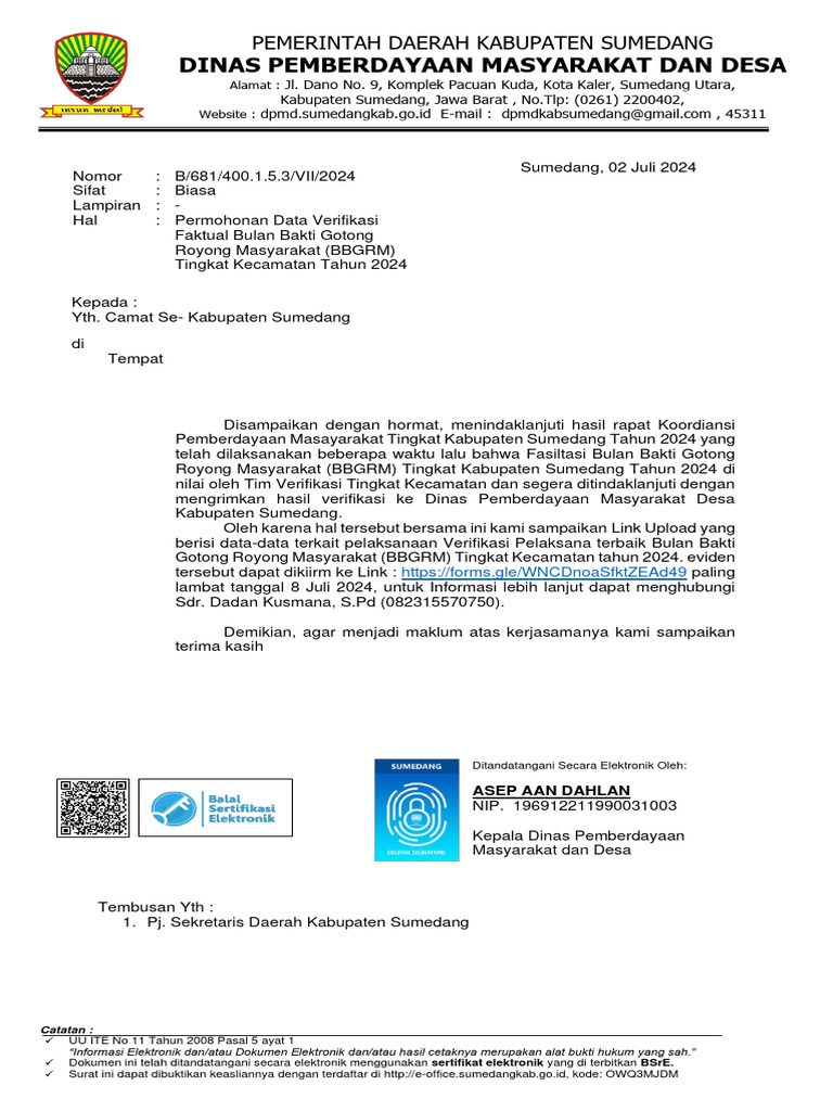 Surat Verfak BBGRM TK - Kec 2024 | PDF