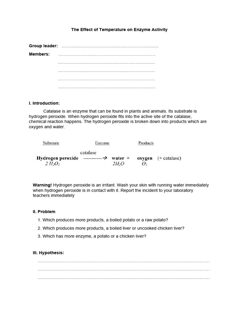 The Effect of Temperature On Enzyme Activity Lab | PDF | Catalase ...