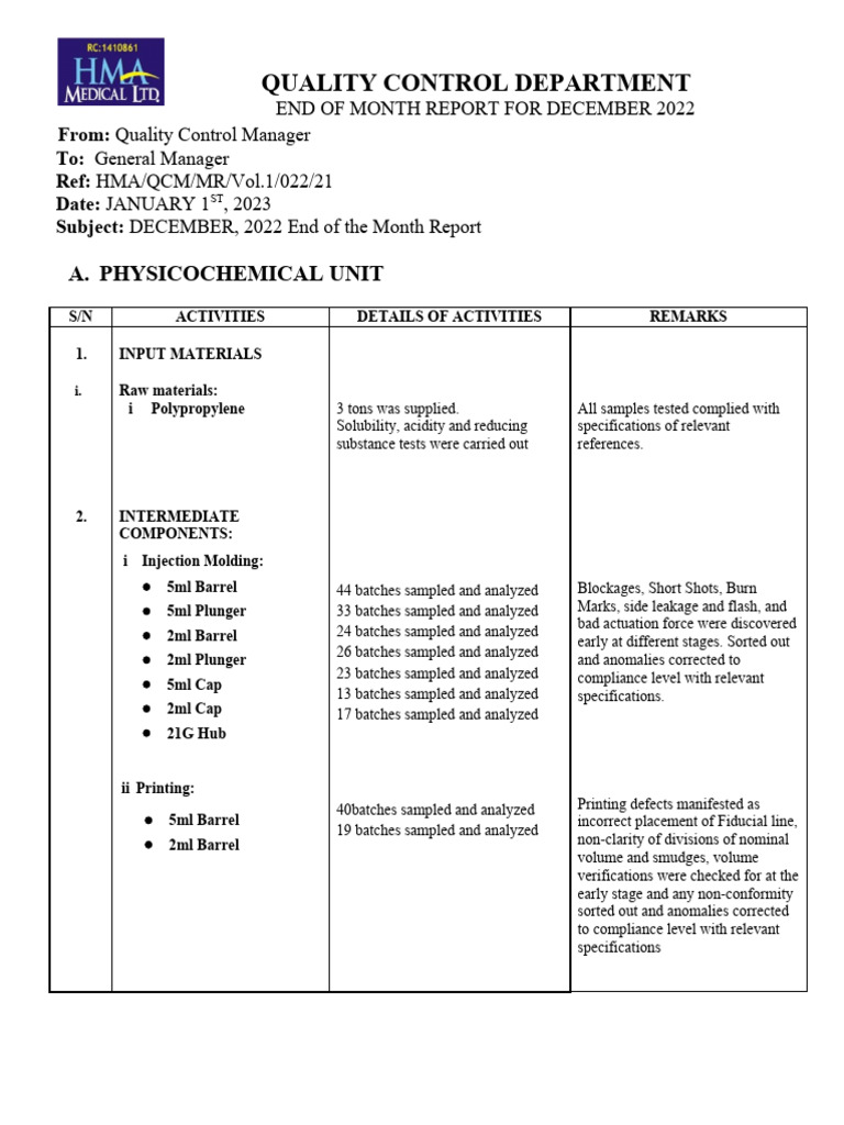 December Montly Report | PDF | Injection (Medicine) | Syringe