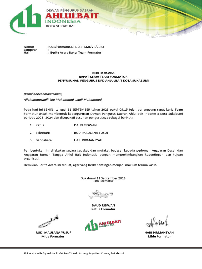 Struktur Organisasi DPD Ahlulbait Sukabumi | PDF