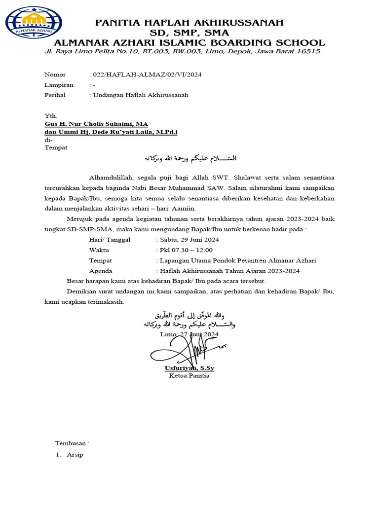 Surat Undangan Haflah Akhirussanah Ustad Cholis Dan Umi Dede | PDF