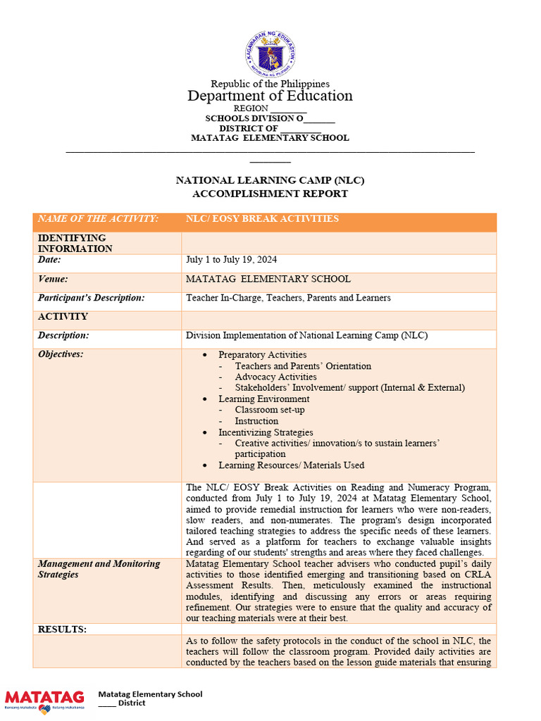 NLC Accomplishment Report | PDF | Teachers | Learning