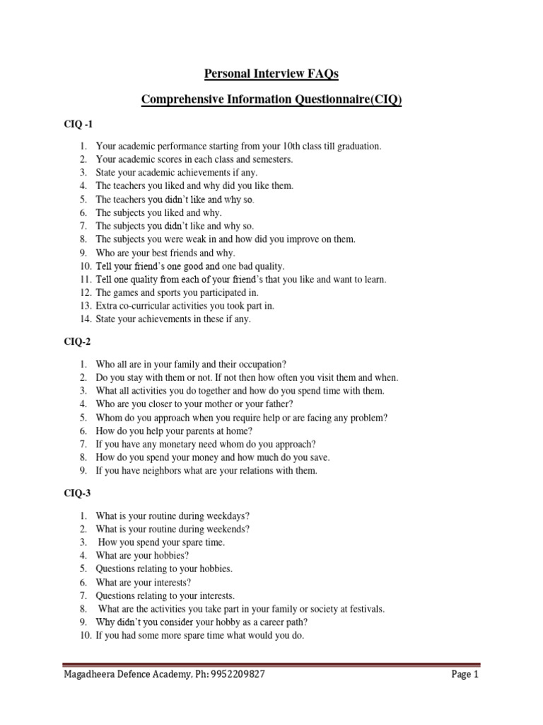 SSB Personal Interview Frequently Asked Questions | PDF