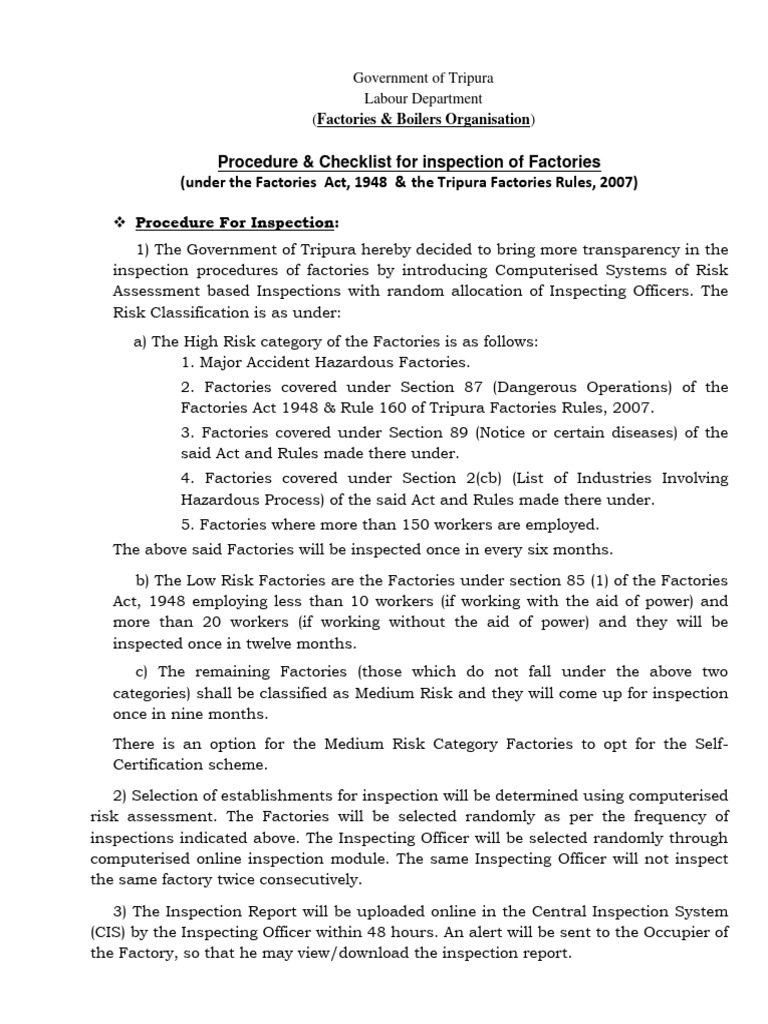 Factories Inspection Procedure Check List | PDF | Lighting | Risk