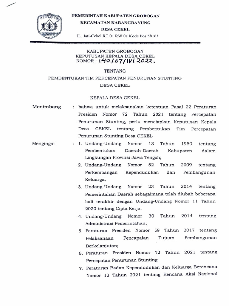 Pembentukan Tim Stunting Desa Cekel | PDF