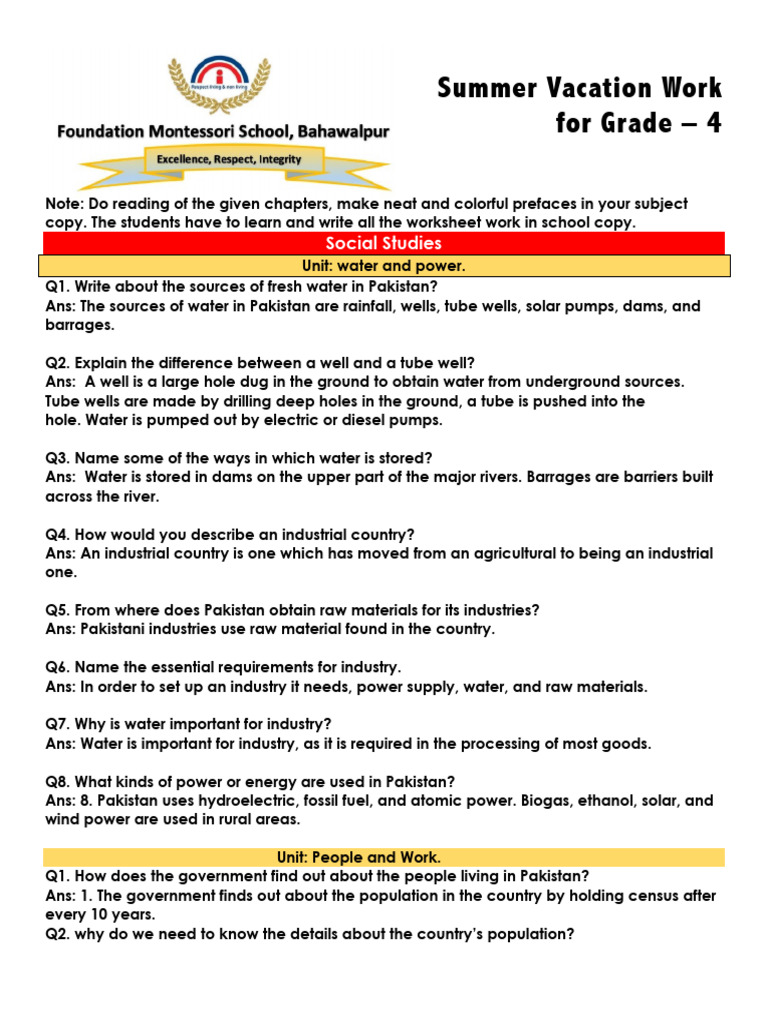 Grade - 4 S.ST Summer Vacation Worksheets | PDF | Water | Sustainable ...