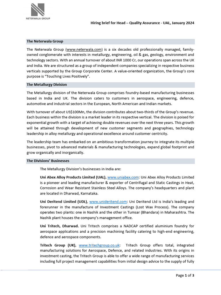 JD_Head_QA_UAL_25012024 | PDF | Quality Assurance | Audit