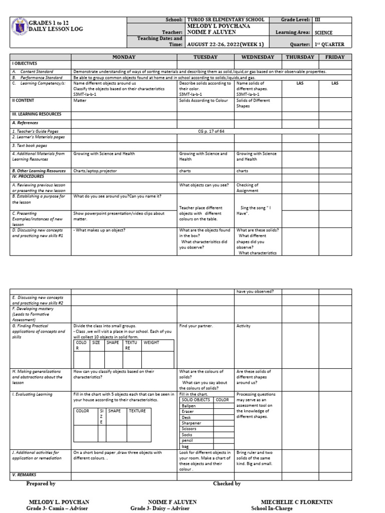 DLL - Science 3 - Q1 - W1 | PDF | Learning | Teachers