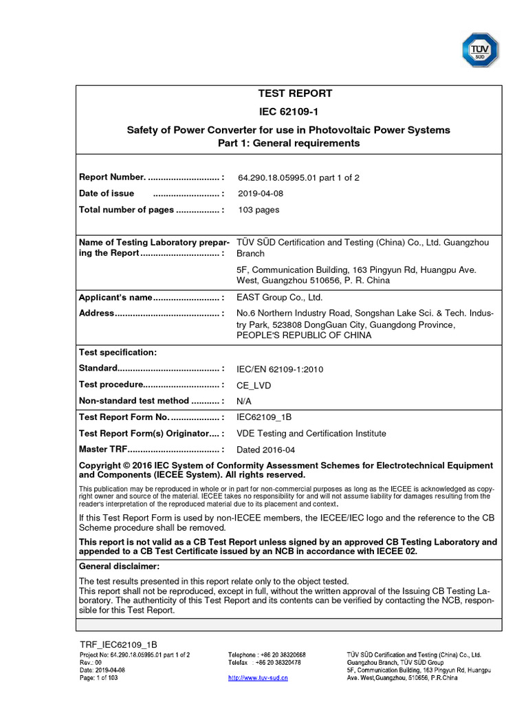 Test Report IEC 62109-1 Safety of Power Converter For Use in ...