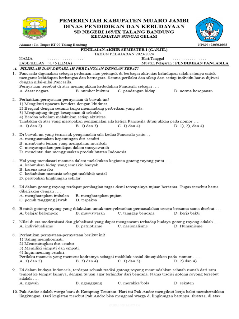 Soal Pendidikan Pancasila 5 Fase C SAS 1 Kurikulum Merdeka SD 2023 | PDF