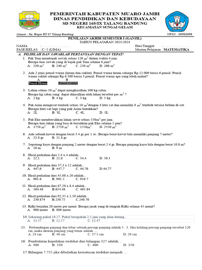 Soal MTK Kelas 5 Fase C SAS 1 Kurikulum Merdeka SD 2023 | PDF | Griya & Taman | Seni