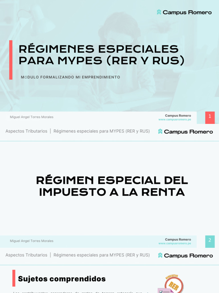 UNIDAD 8 Régimenes Especiales para MYPES (RER y RUS) | PDF | Impuestos | Impuesto sobre la renta