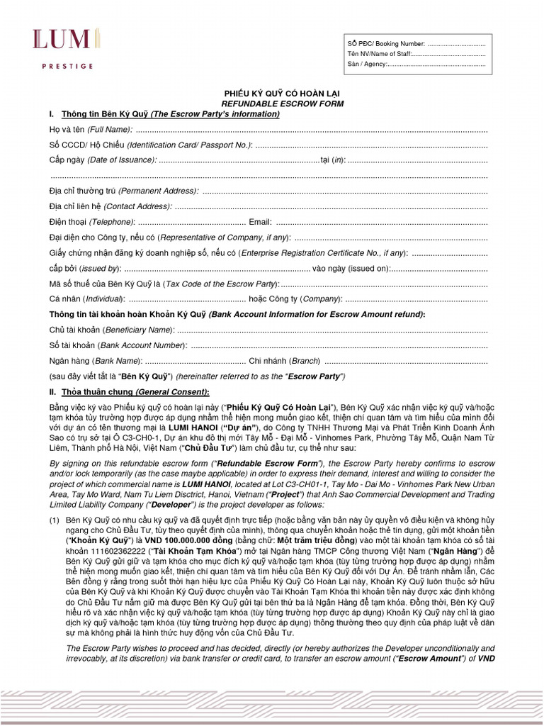 Booking Form - KH Công Ty | PDF