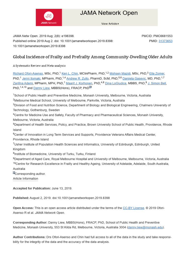 Global Incidence of Frailty and Prefrailty Among Community-Dwelling Older Adults - PMC | PDF ...
