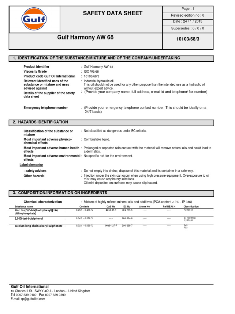 MSDS - Gulf Harmony AW 68 | PDF | Safety | Occupational Safety And Health