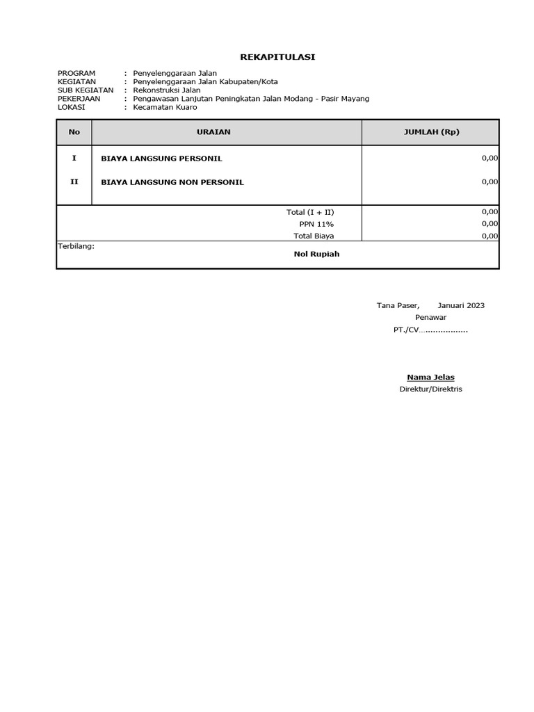 BQ PWS Lanjutan Jalan Modang Pasir Mayang | PDF