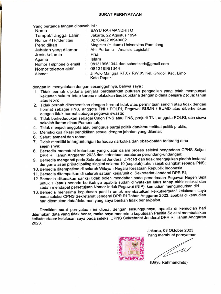 Surat Pernyataan CPN | PDF
