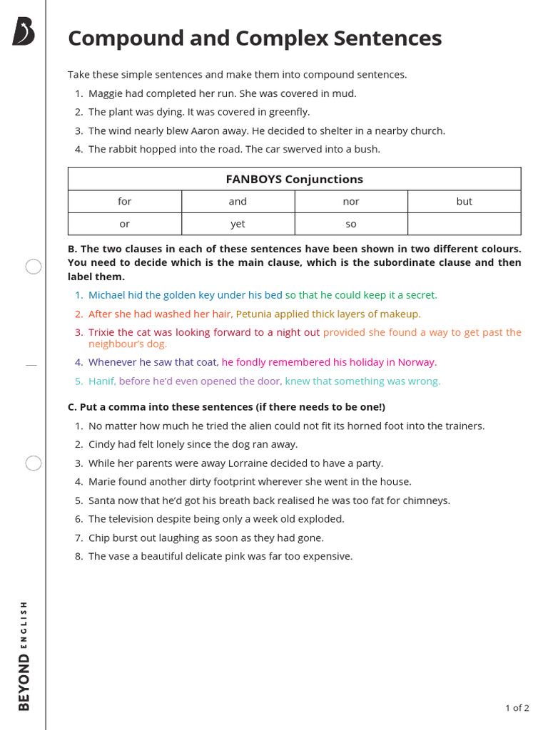 Compound and Complex Sentences Worksheet LA | PDF | Syntax | Language ...
