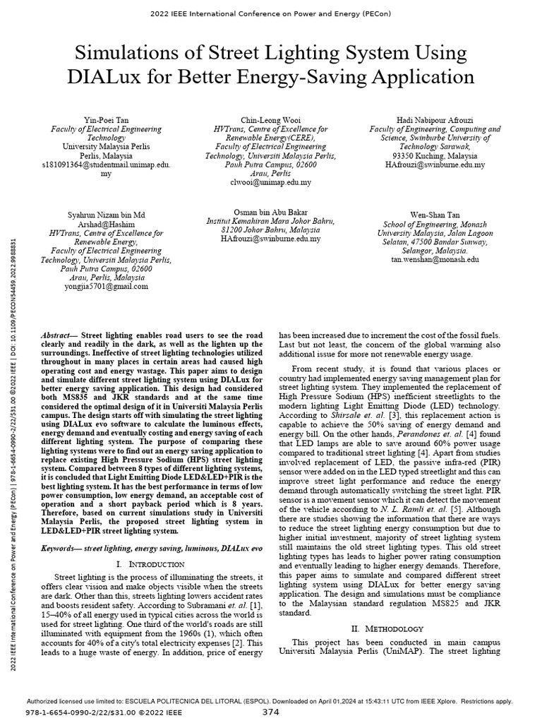 Simulations of Street Lighting System Using DIALux For Better Energy-Saving Application | PDF ...