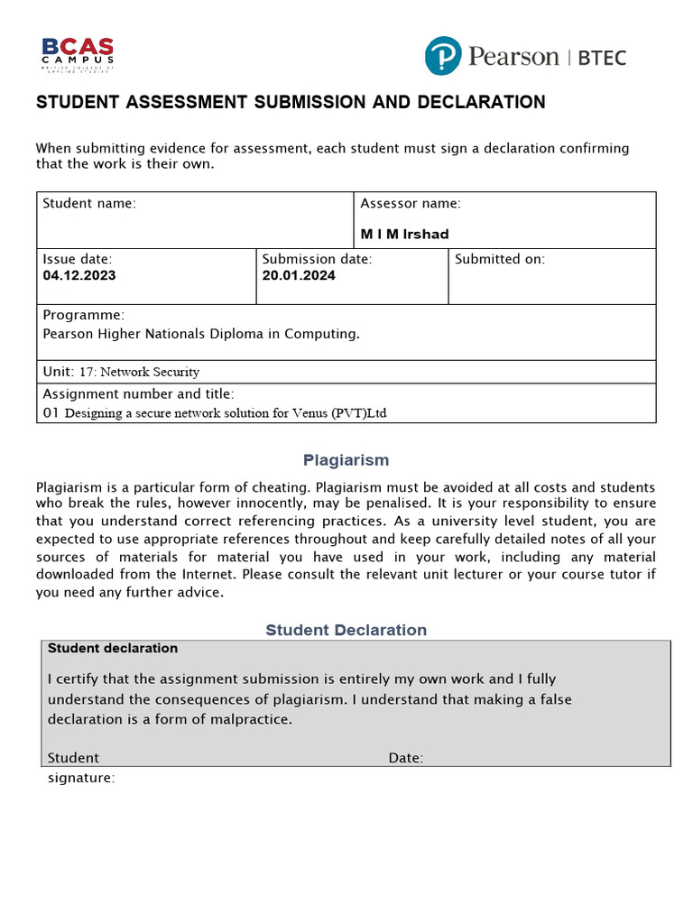 Student Assessment Submission and Declaration: Mimirshad 04.12.2023 20.01.2024 | PDF | Key ...