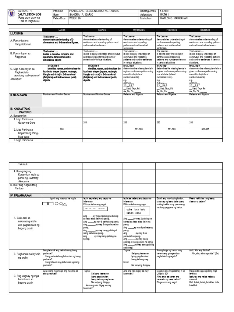 Week 26-3rd Quarter MATH 1 DLL | PDF