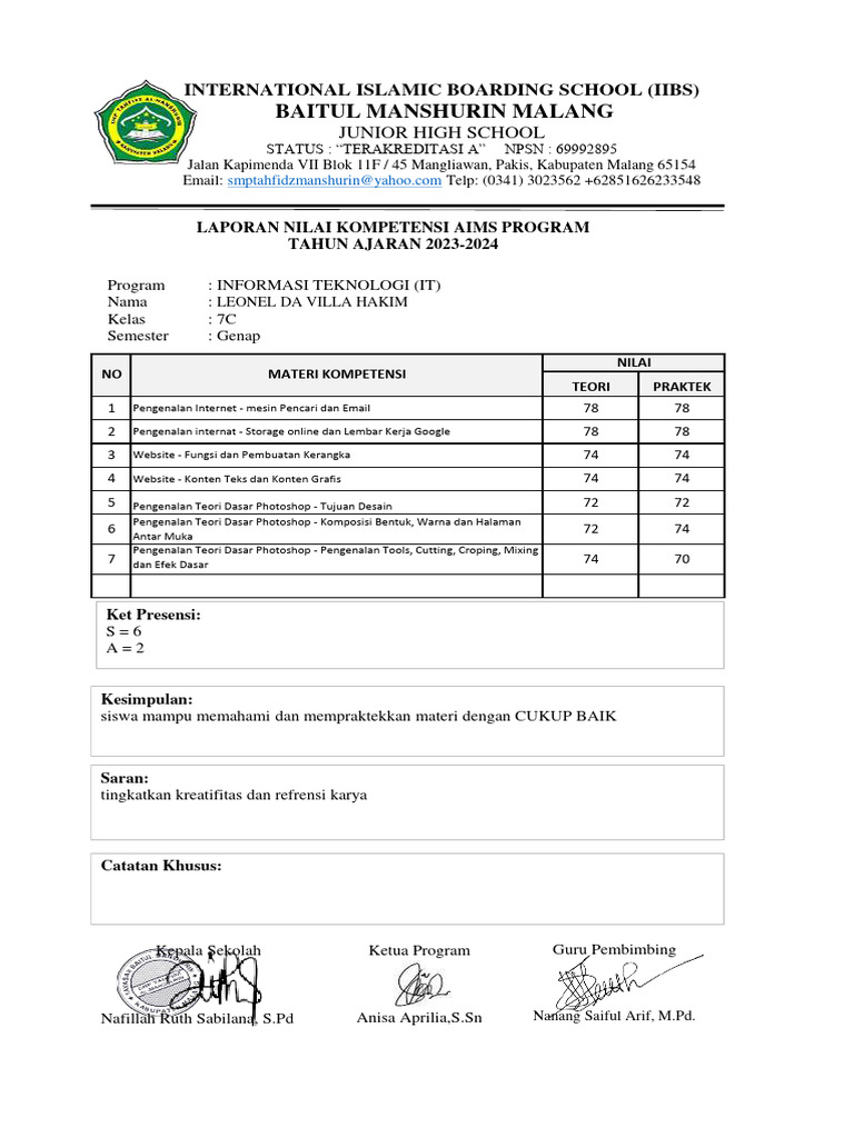 Rapot Kelas 7C Genap 23 24 | PDF | Komputer