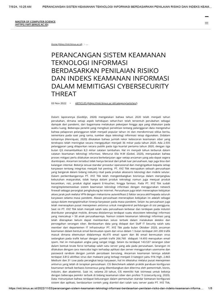 Perancangan Sistem Keamanan Teknologi Informasi Berdasarkan Penilaian Risiko Dan Indeks Keamanan ...