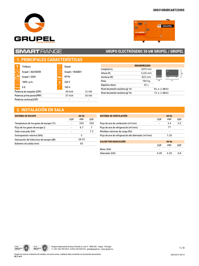 Especificaciones Generador Grupel 30kW | PDF | Motor diesel ...