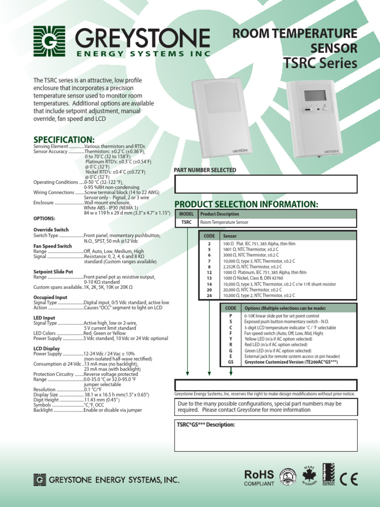 Greystone Room Temperature Sensor TSRC | PDF | Electrical Engineering | Electricity