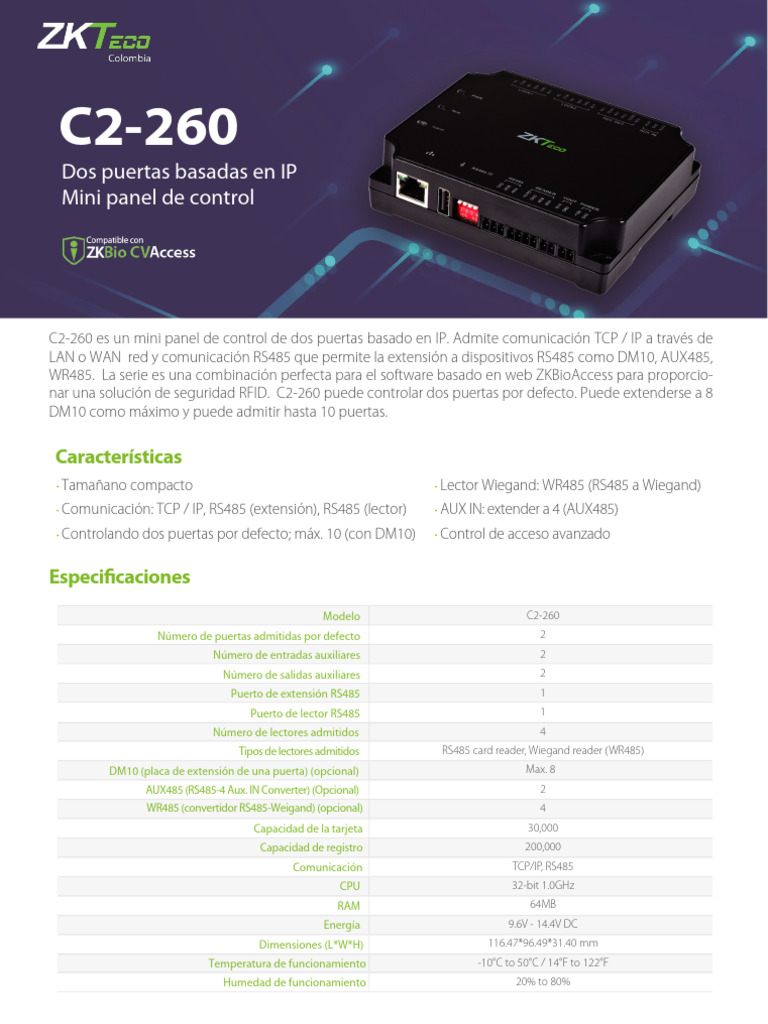 C2 260 Control de Acceso Zkteco Colombia Biometria Ficha Tecnica | PDF | Hardware de la ...