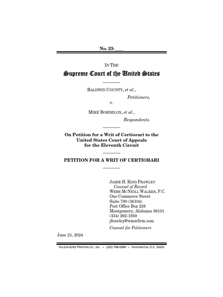 Petition For A Writ of Certiorari, Baldwin Cnty. v. Bordelon, No. 23-1337 (U.S. June 25, 2024 ...