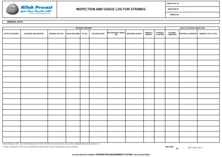 KPC-F-QAC-003 - Inspection and Usage Log For Strand | PDF