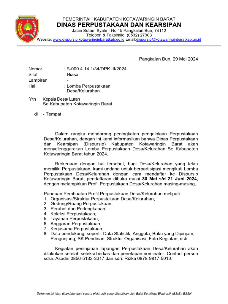 Surat Lomba Perpus Desa Dan Kelurahan Kobar 2024 | PDF
