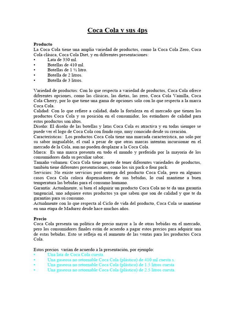 Coca Cola y Sus 4ps | PDF | Coca Cola | Refresco