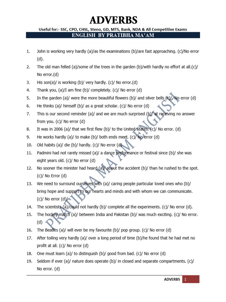 ADVERBS - ALL SSC PYQs - QUESTION BANK | PDF | Adverb | Adjective