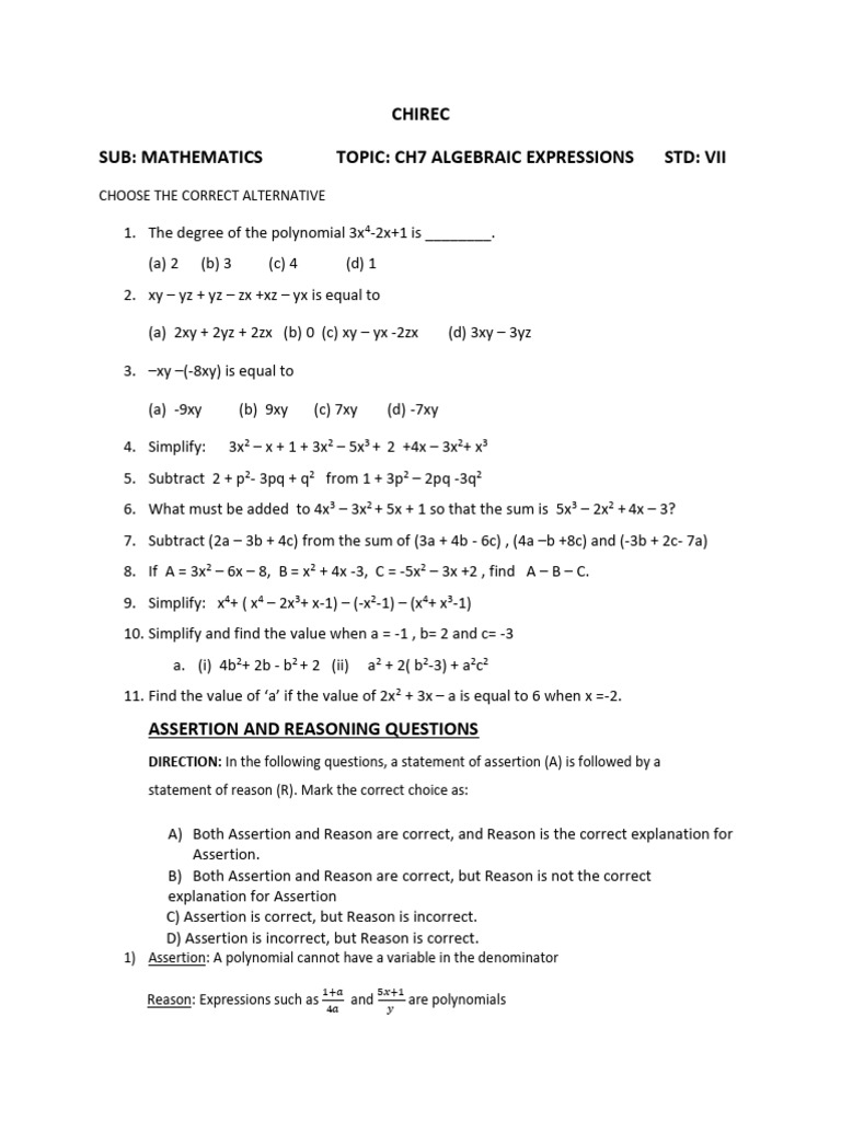 Algebraic Expressions Practice for Grade VII | PDF | Algebra | Mathematics