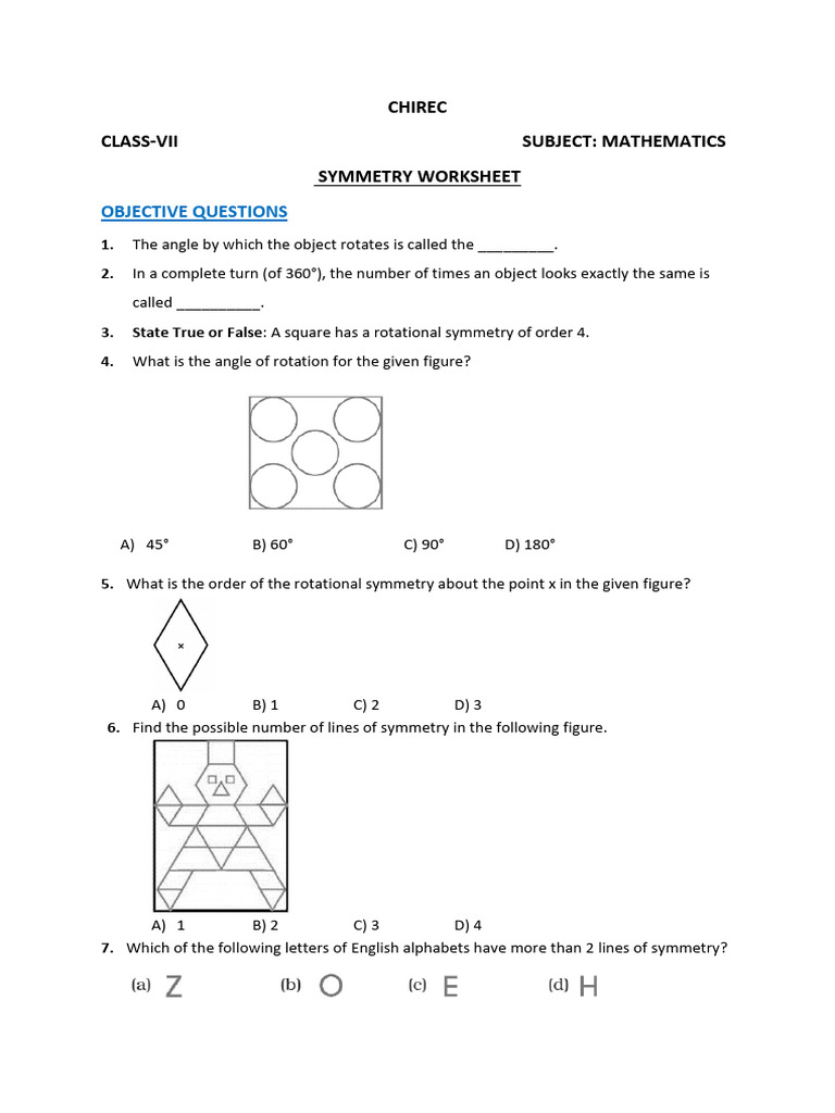 Class VII Symmetry Worksheet | PDF | Symmetry | Perpendicular