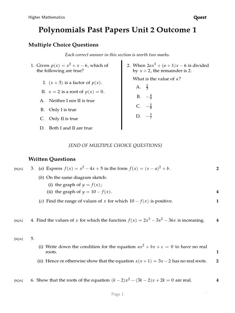 Polynomials_Past_Papers | PDF | Equations | Zero Of A Function